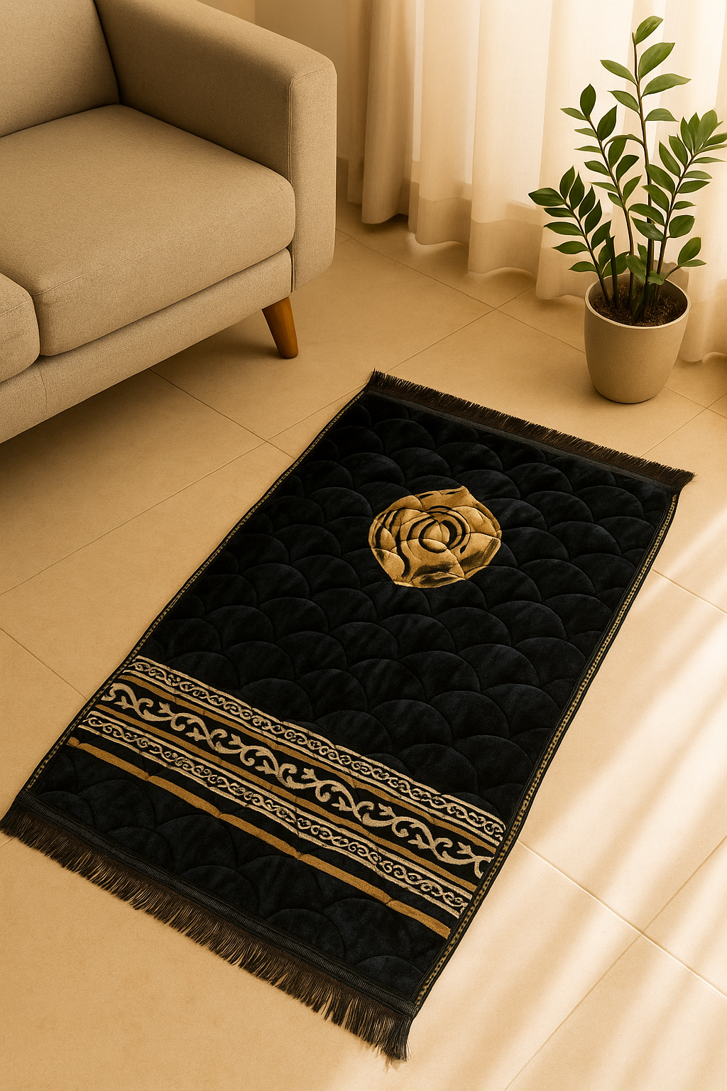 Velvet Prayer Mat – Black Elegance with Golden Harmony Design – Qibla ...